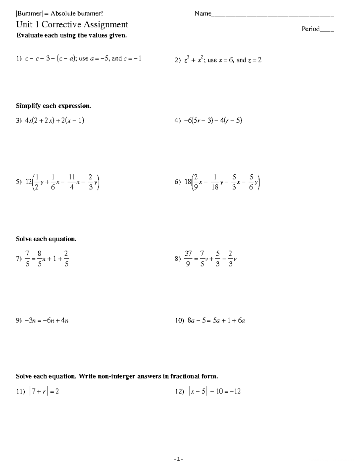 Algebra Unit 1 Final Exam Review Worksheet - Studocu