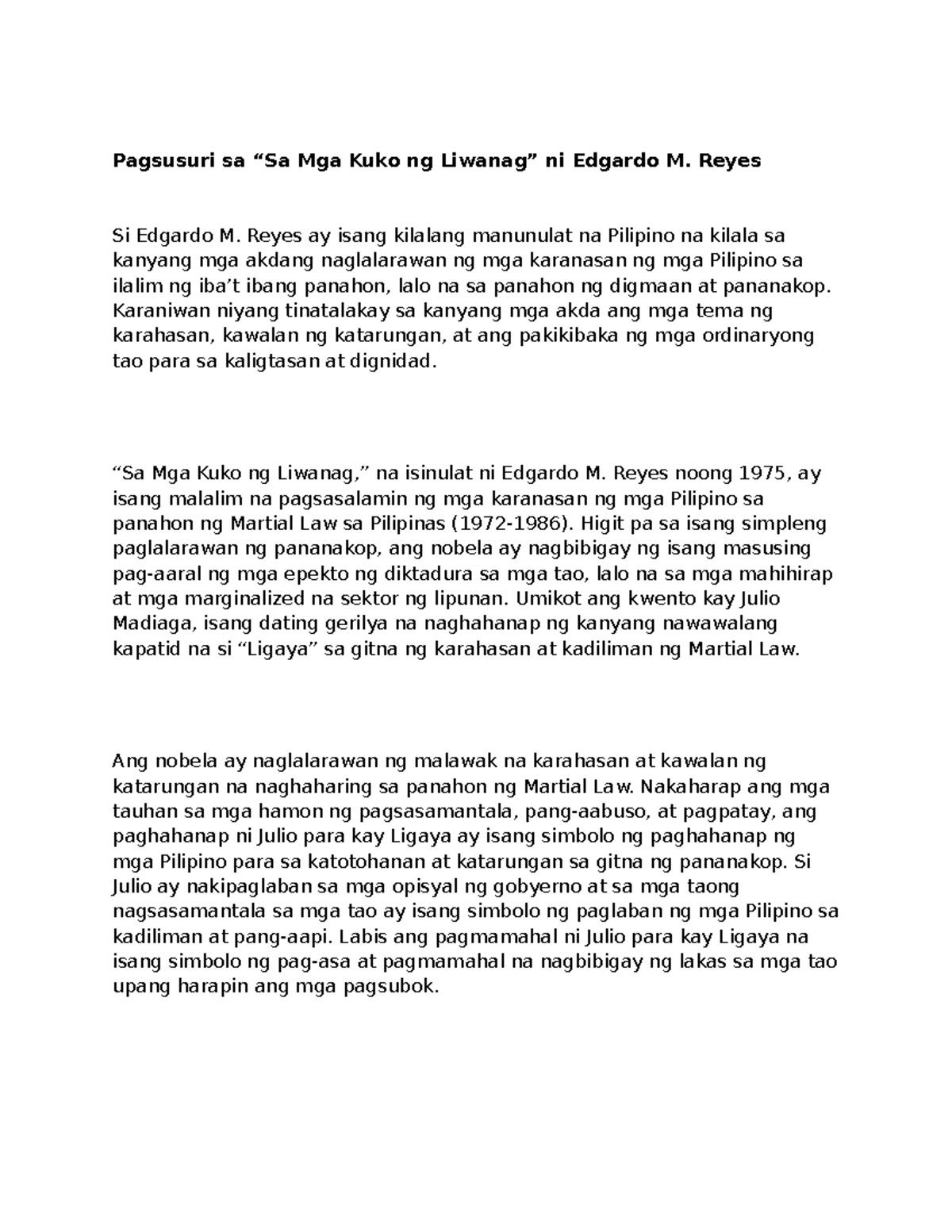 Pagsusuri sa "Sa Mga Kuko ng Liwanag" ni Edgardo M. Reyes - Studocu