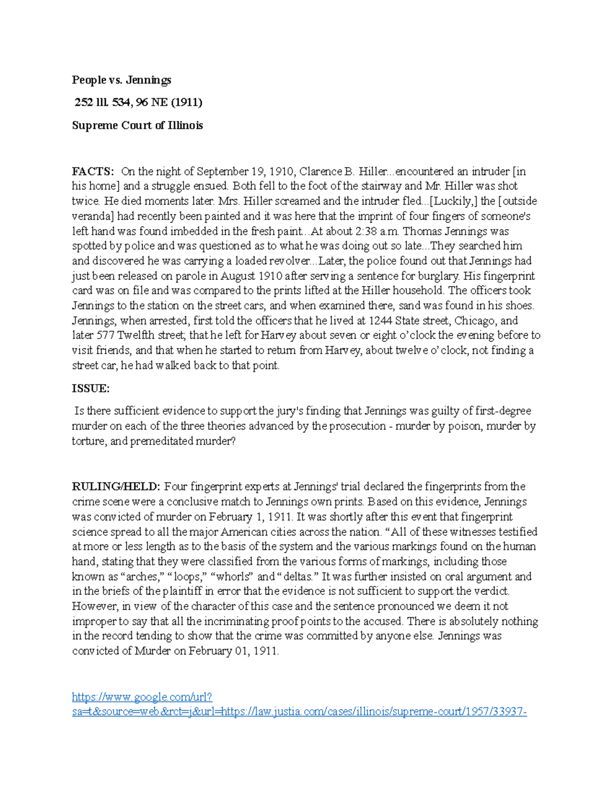 People Vs. Jennings - Case about Fingerprints - People vs. Jennings 252 ...