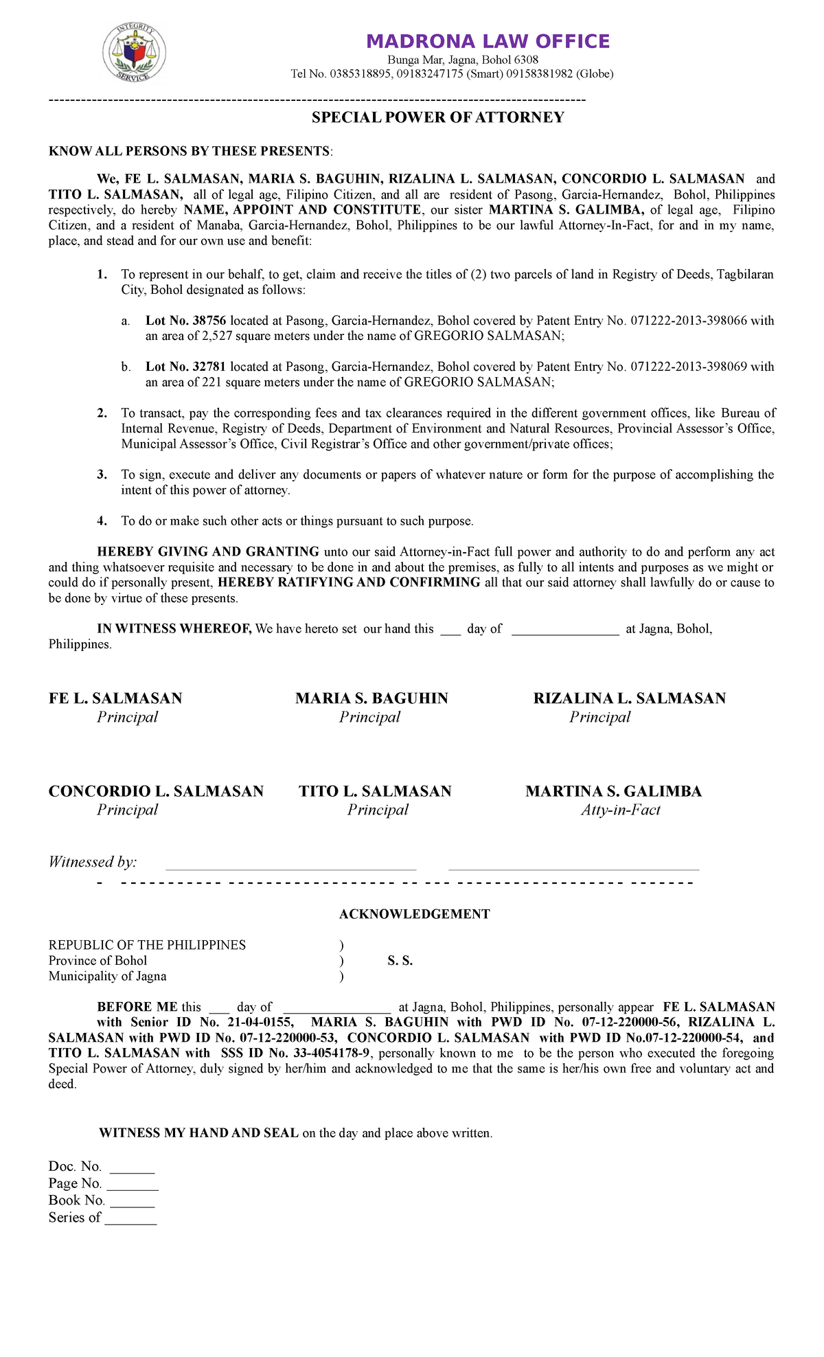 Special Power of Attorney to Claim Title of Gregorio Salmasan - Studocu
