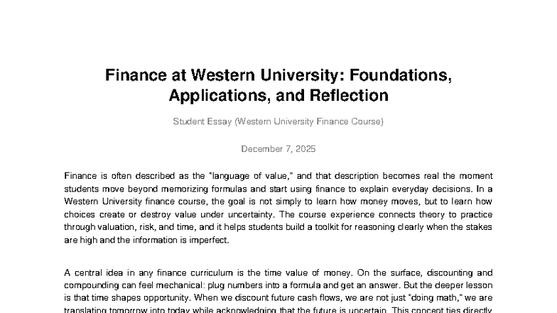Finance Reflection Essay (Western University Finance Course) - Studocu