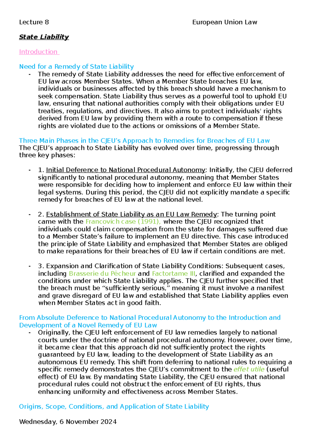Lecture 8: The Evolution of State Liability in EU Law - Studocu