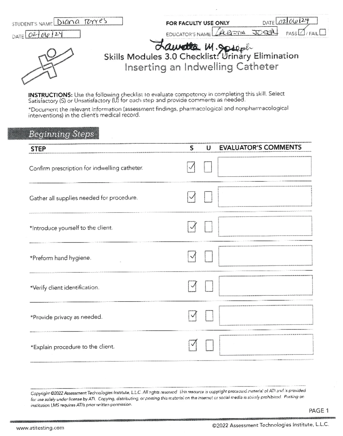 ATI Skills Checklist for Inserting and Removing a Straight Catheter ...