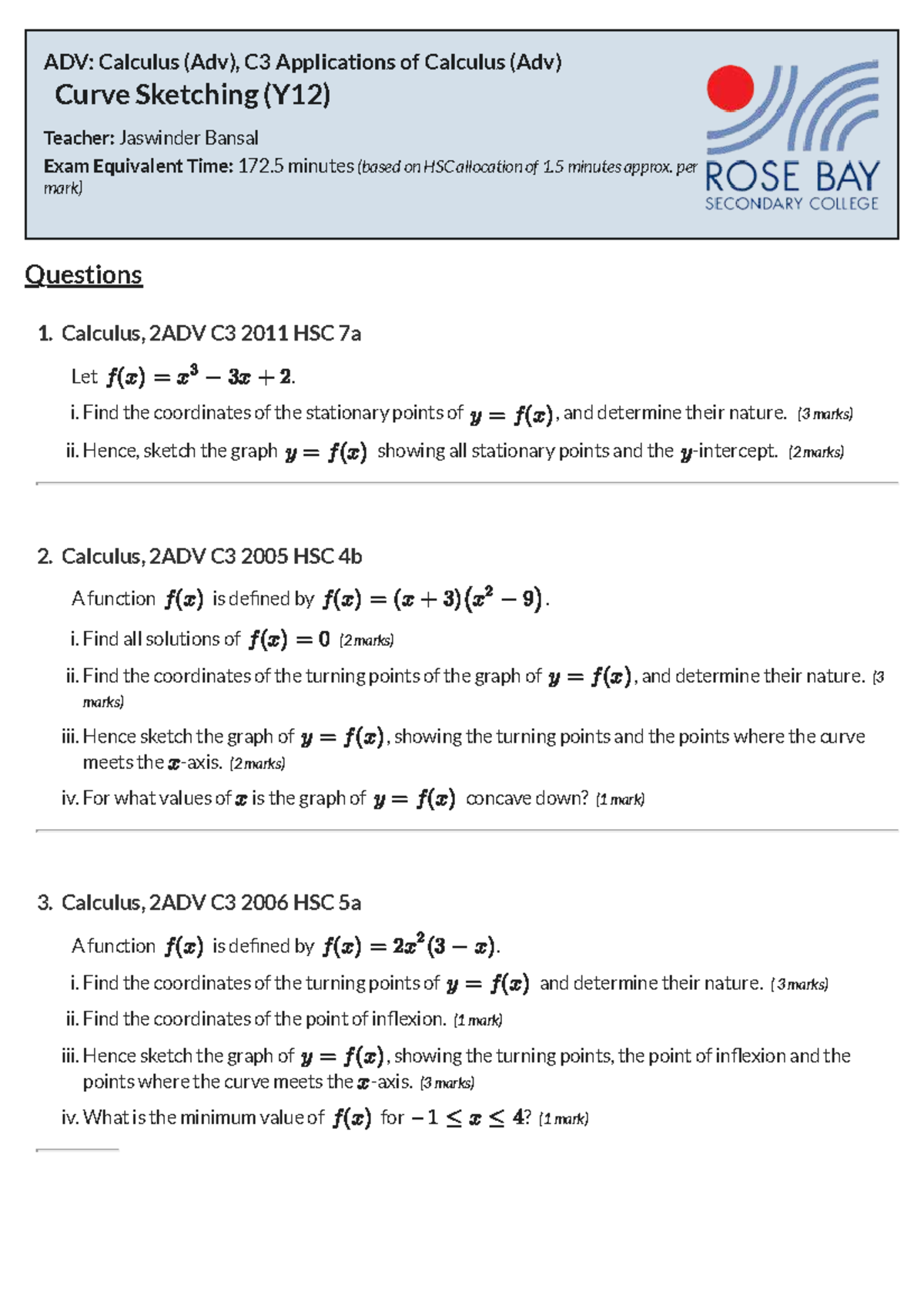 Curve Sketching for ADV: Calculus (Adv) C3 Applications of Calculus ...