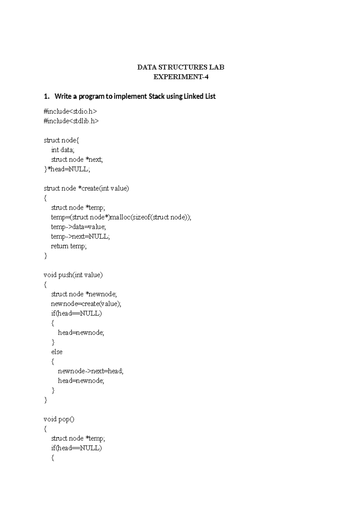 DS LAB 1: Stack Implementation Using Linked List - Studocu
