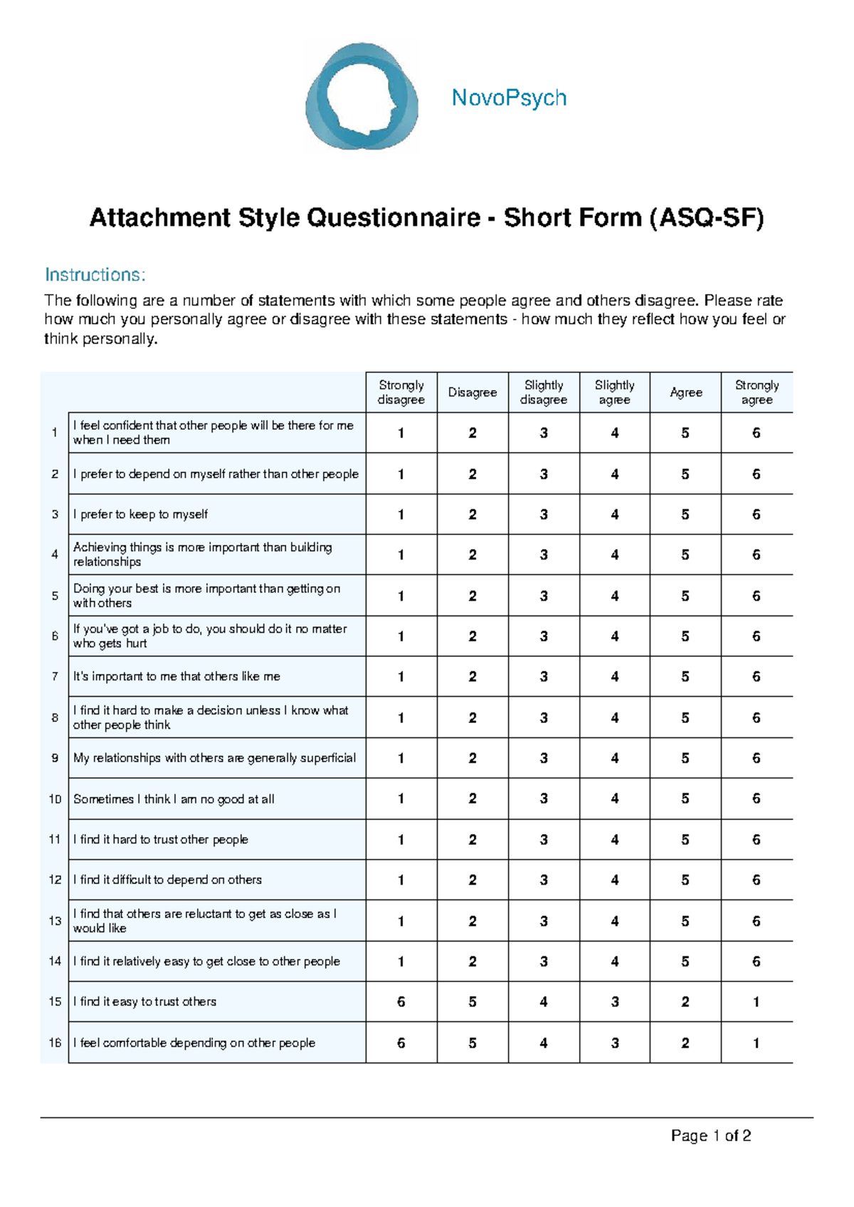 NovoPsych Attachment Style Questionnaire (ASQ-SF) Instructions - Studocu