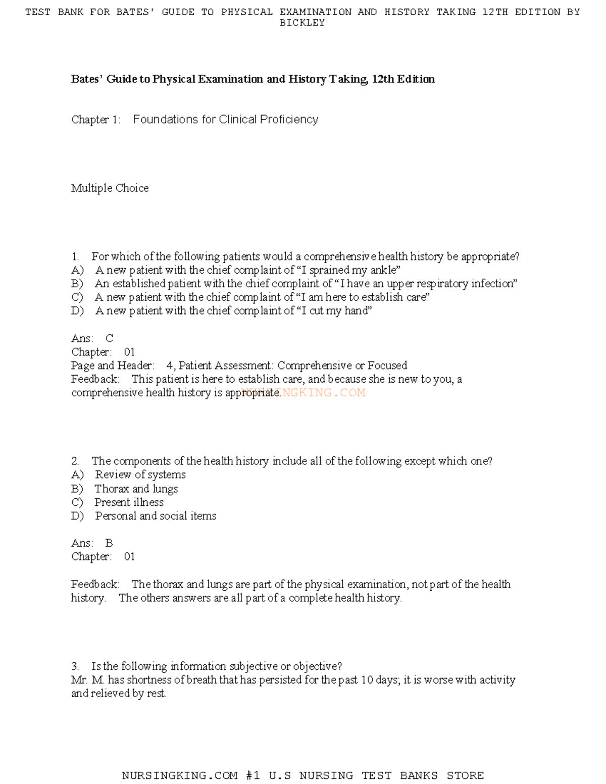 NUR 101 - Test Prep: Chapter 1 Health History & Patient Assessment ...