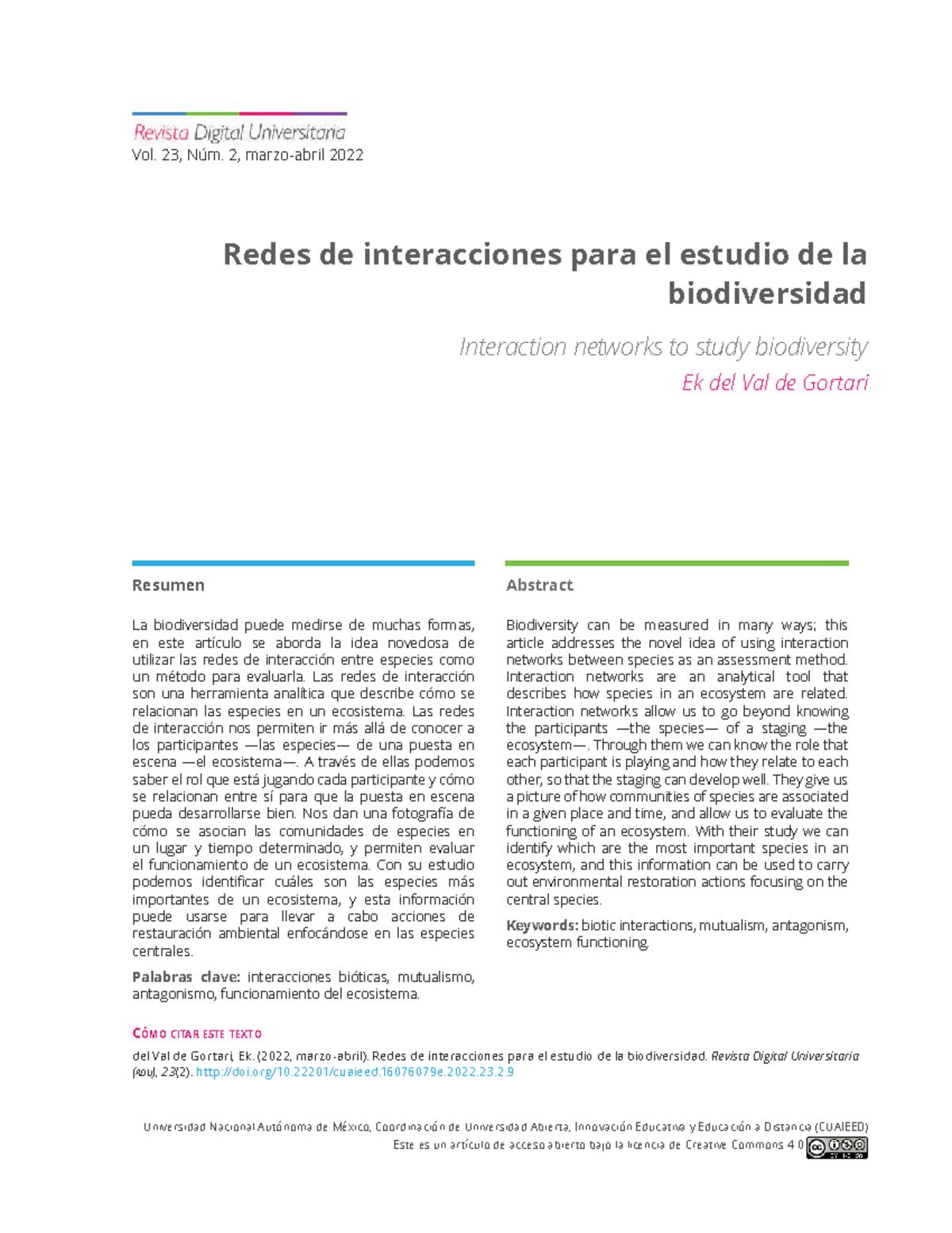 Redes Ecológicas para el Estudio de la Biodiversidad - Vol. 23, Núm. 2 ...