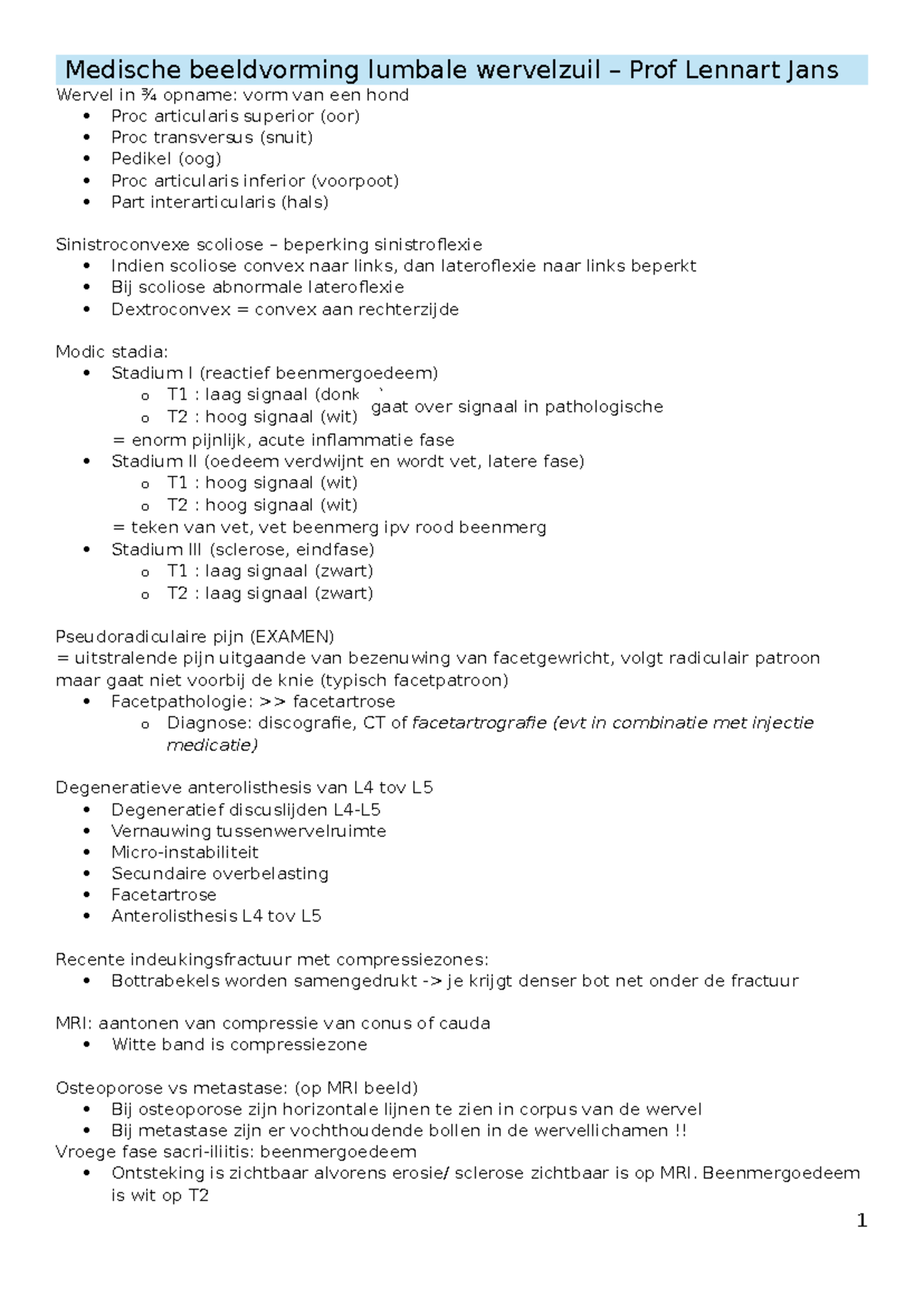 Lumbale Wervelzuil: Samenvatting Medische Beeldvorming - Prof. Jans ...