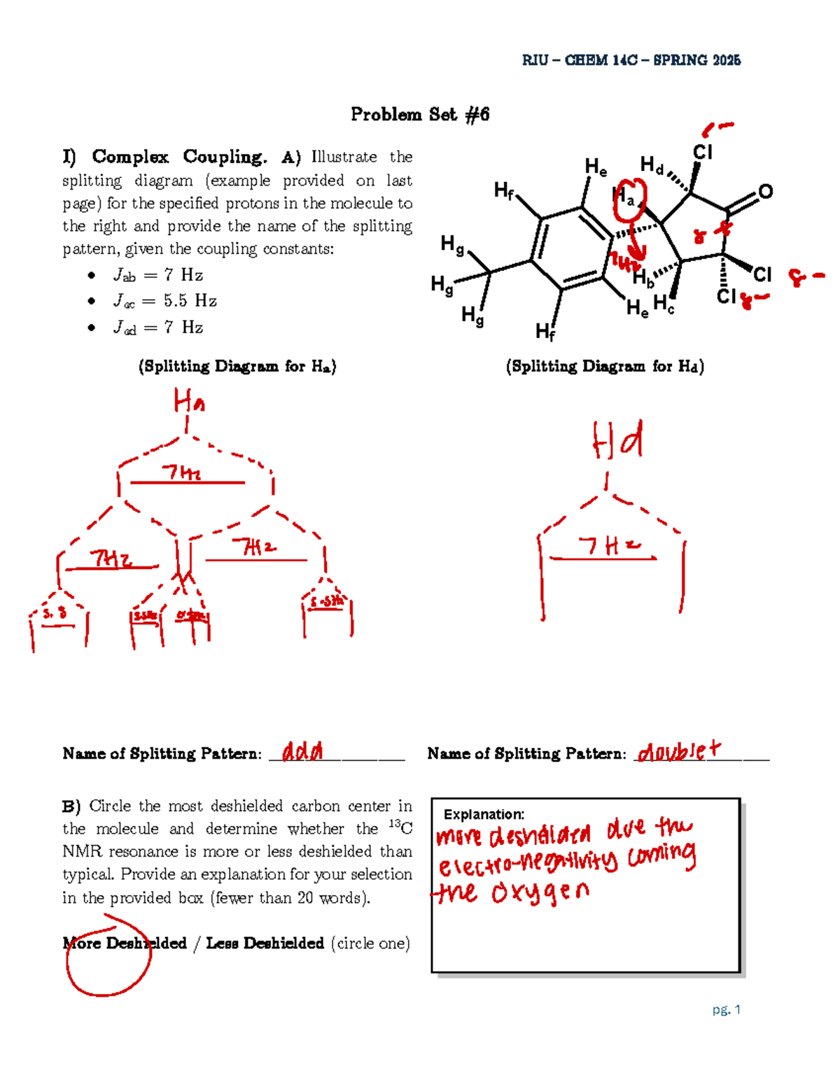 RIU CHEM 14C SPRING 2025 Problem Set I: Complex Coupling & Spectroscopy - Studocu