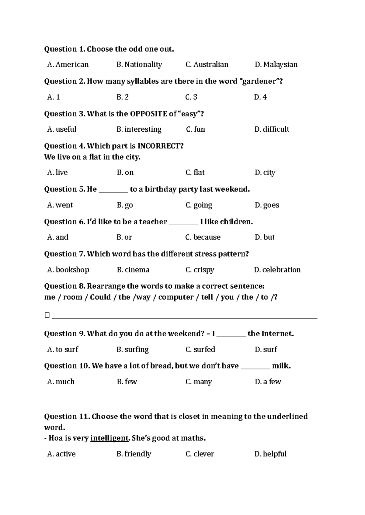 Ôn Tập 1 - English Practice Quiz Questions - Studocu