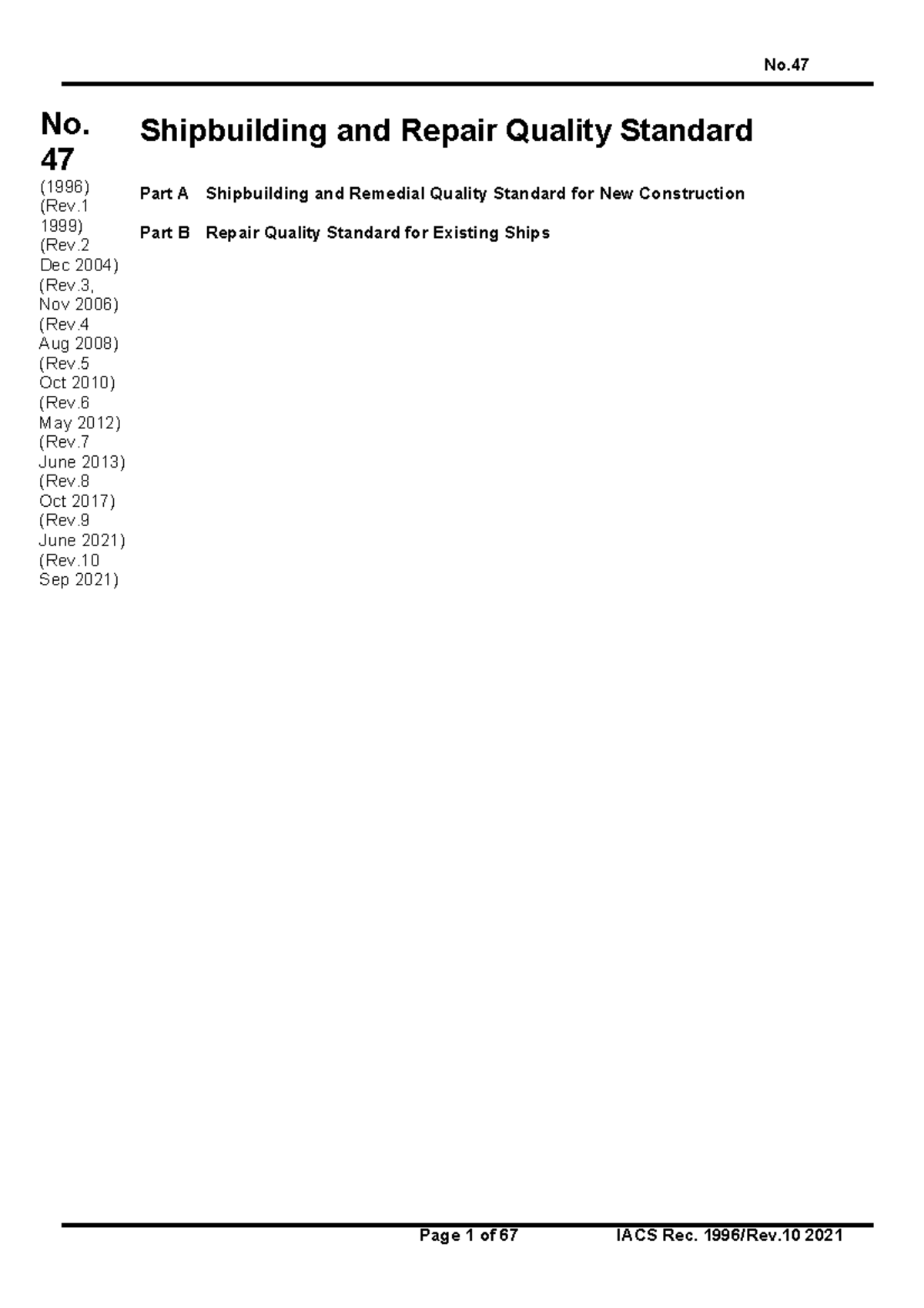 IACS Rec. 2021 No.47: Shipbuilding & Repair Quality Standards (Rev.10 ...