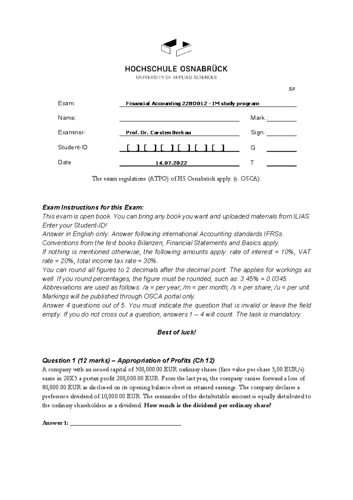 Ex Fin Acc SS2022 22BO012 engl - ####### 59 Exam: Financial Accounting ...