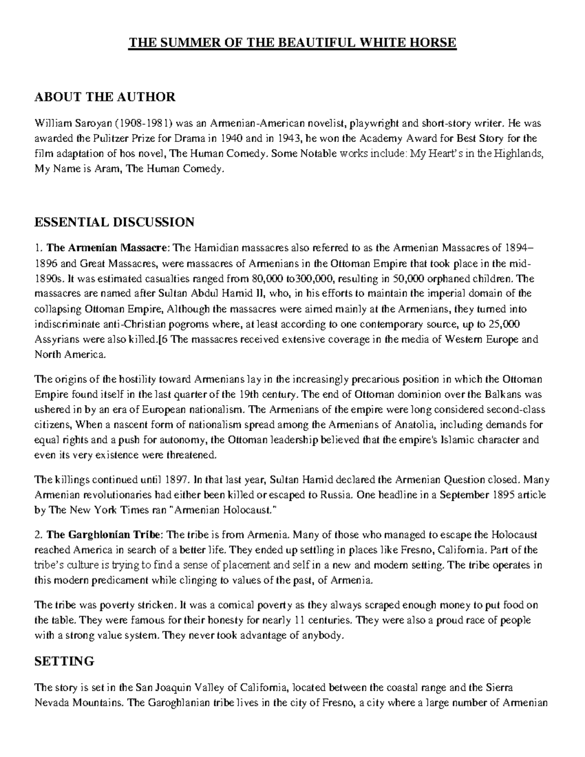The Summer of the Beautiful White Horse Study Material 2025 - Studocu