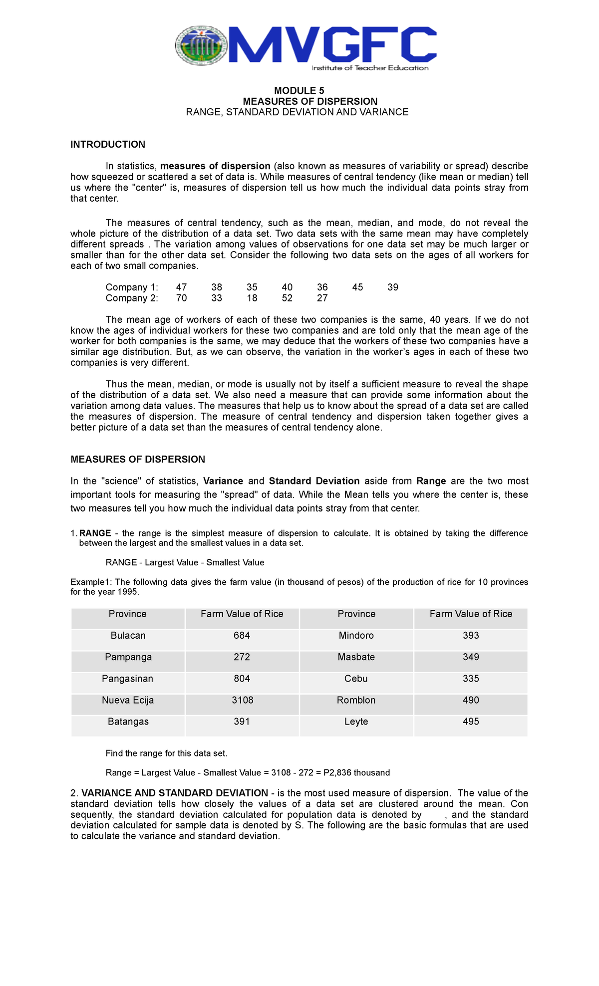 MODULE 5: Measures of Dispersion - Range, Variance & Std Dev - Studocu
