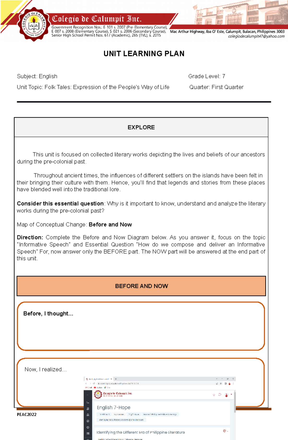 UNIT Learning PLAN Gr - LESSON PLAN ENGLISH 7 - UNIT LEARNING PLAN ...