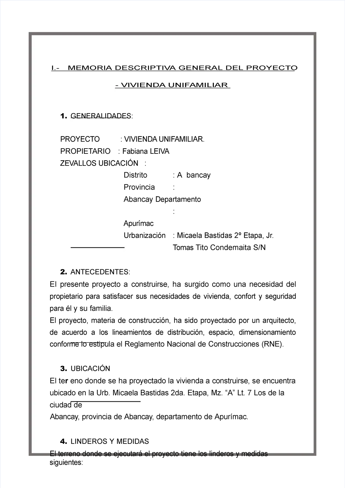 Memoria Descriptiva de Vivienda Unifamiliar en Abancay y Especificaciones Técnicas - Studocu