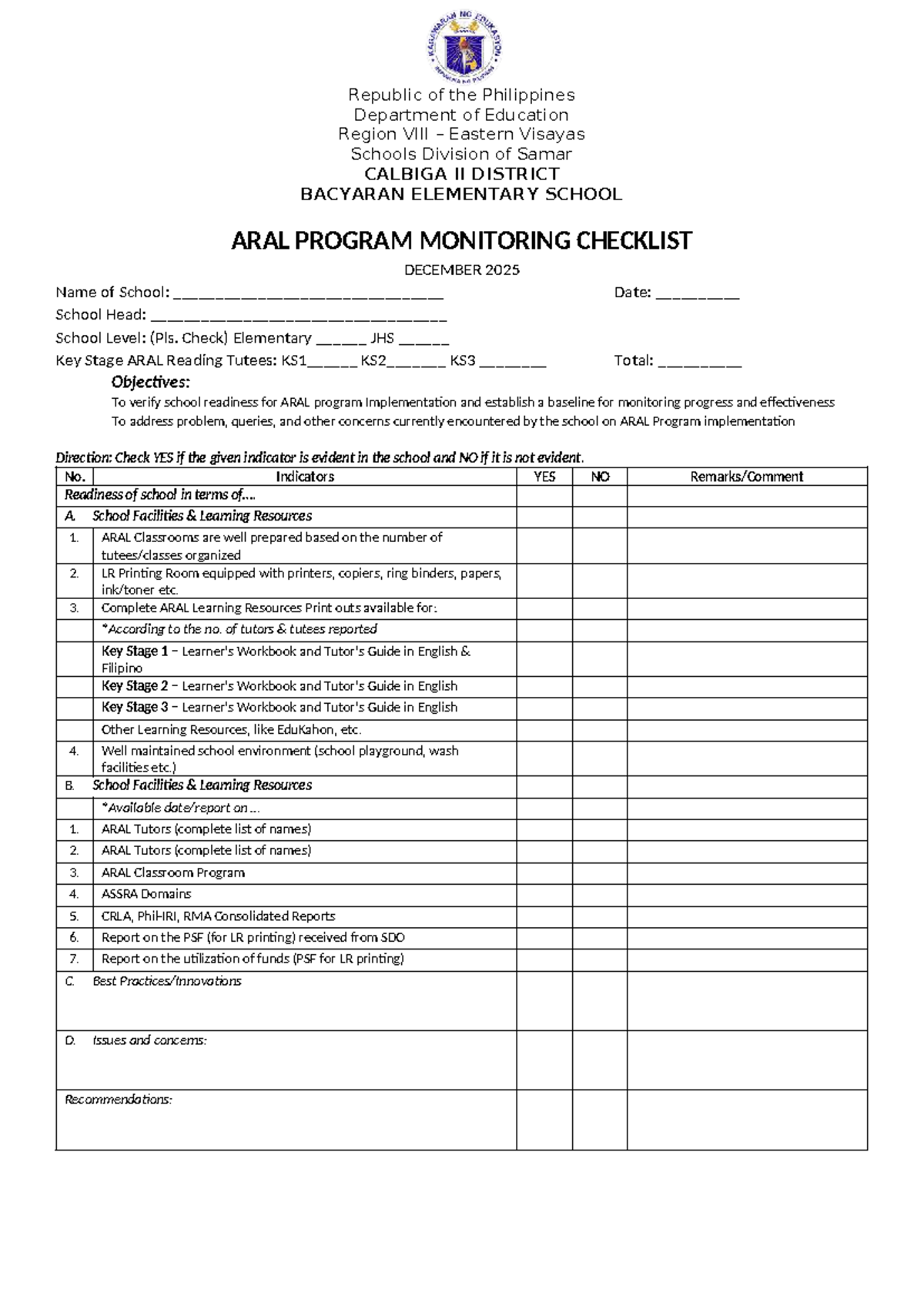 ARAL Program Monitoring Checklist - Bacyaran Elementary School 2025 ...