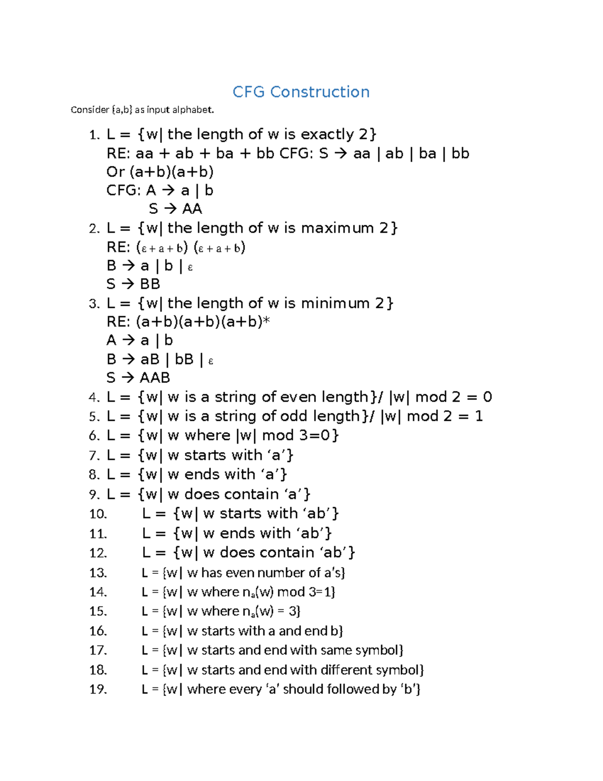 CFG Exercise - Construction of Context-Free Grammars (CFG) - Studocu