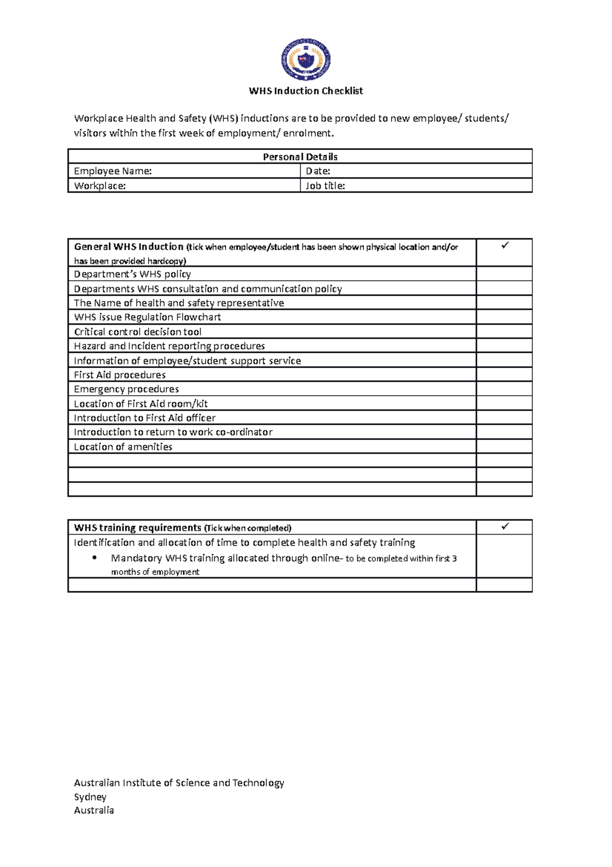 Employee Student WHS Induction Form - WHS Induction Checklist Workplace ...