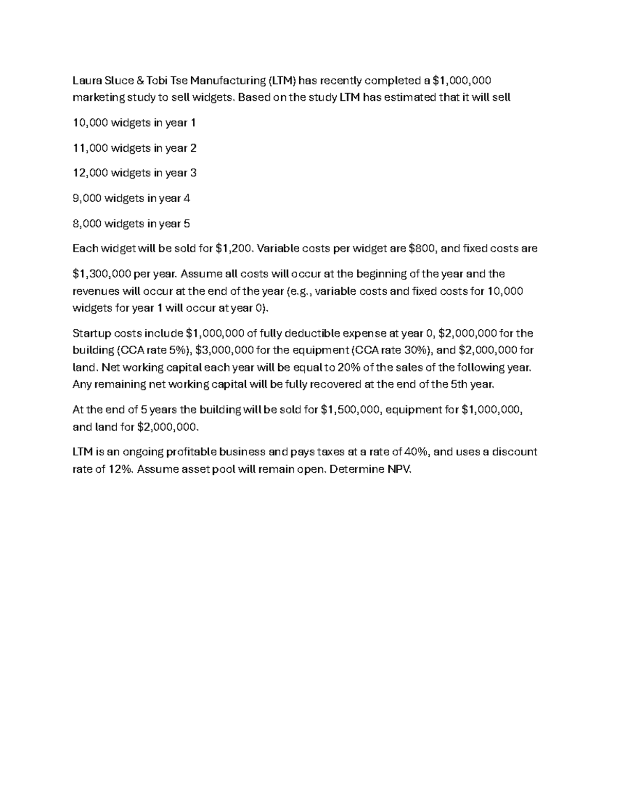 LTM Marketing Study: Widget Sales & NPV Analysis - Studocu