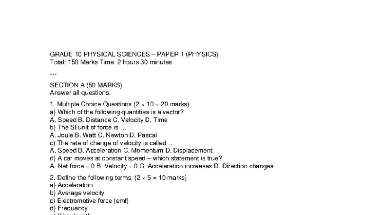 Grade 10 Physical Sciences Paper 1 (Physics) Exam & Memo - Studocu
