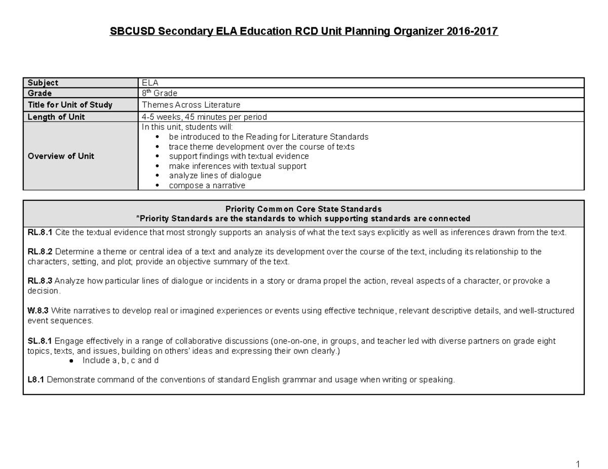 8th Grade EL A Unit 1: Themes Across Literature Organizer 2016-2017 ...