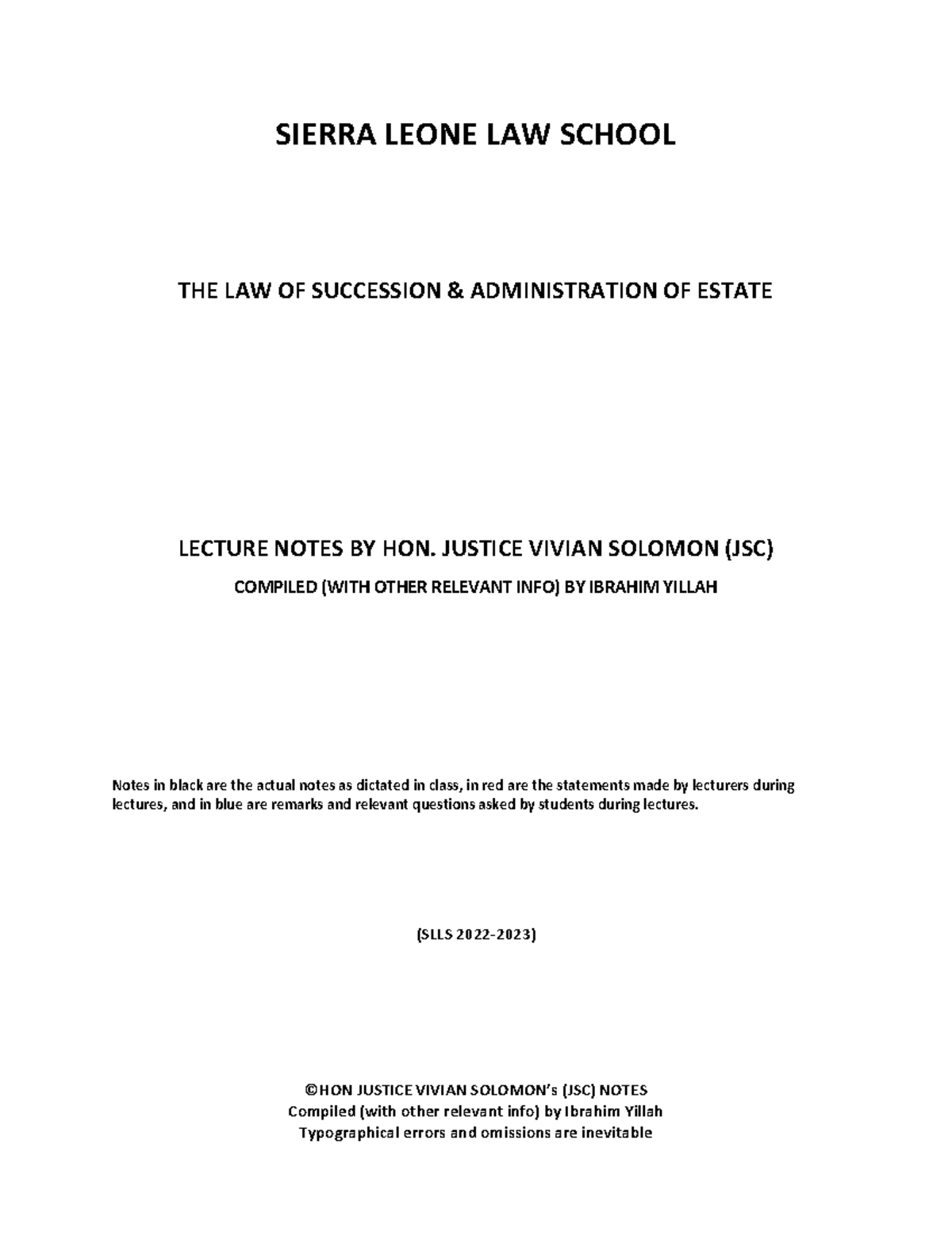 LAW OF SUCCESSION LECTURE NOTES (SL LAW SCHOOL 2023) - Studocu