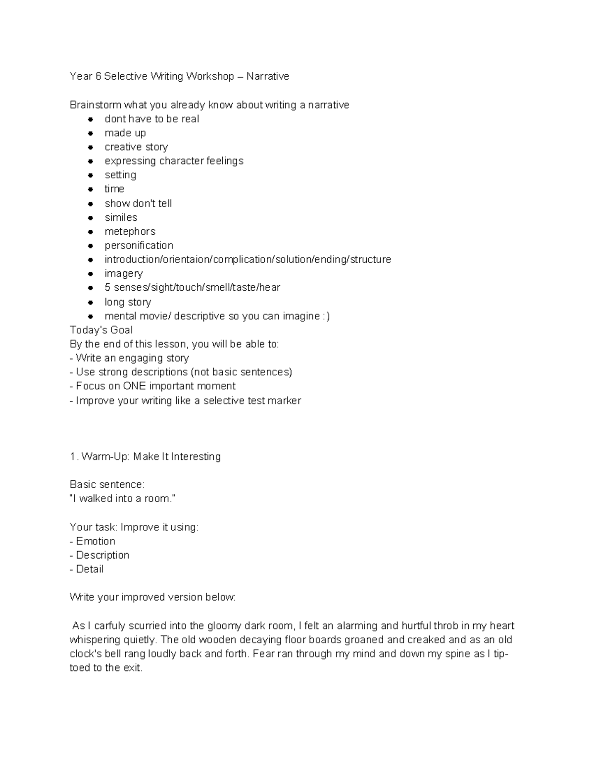 Year 6 Selective Writing Workshop: Narrative Brainstorm & Tips - Studocu