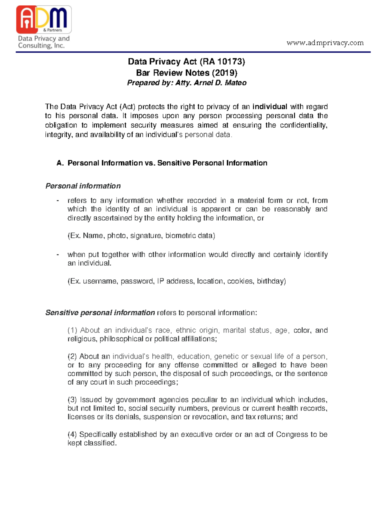 Data Privacy Act Reviewer - Data Privacy Act (RA 10173) Bar Review ...
