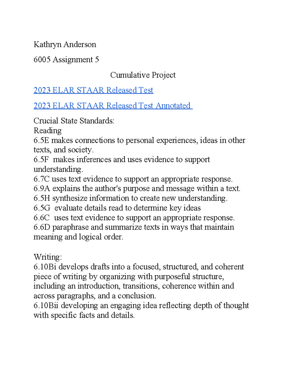 6005 Assignment 5: Cumulative Project on ELAR STAAR Standards - Studocu