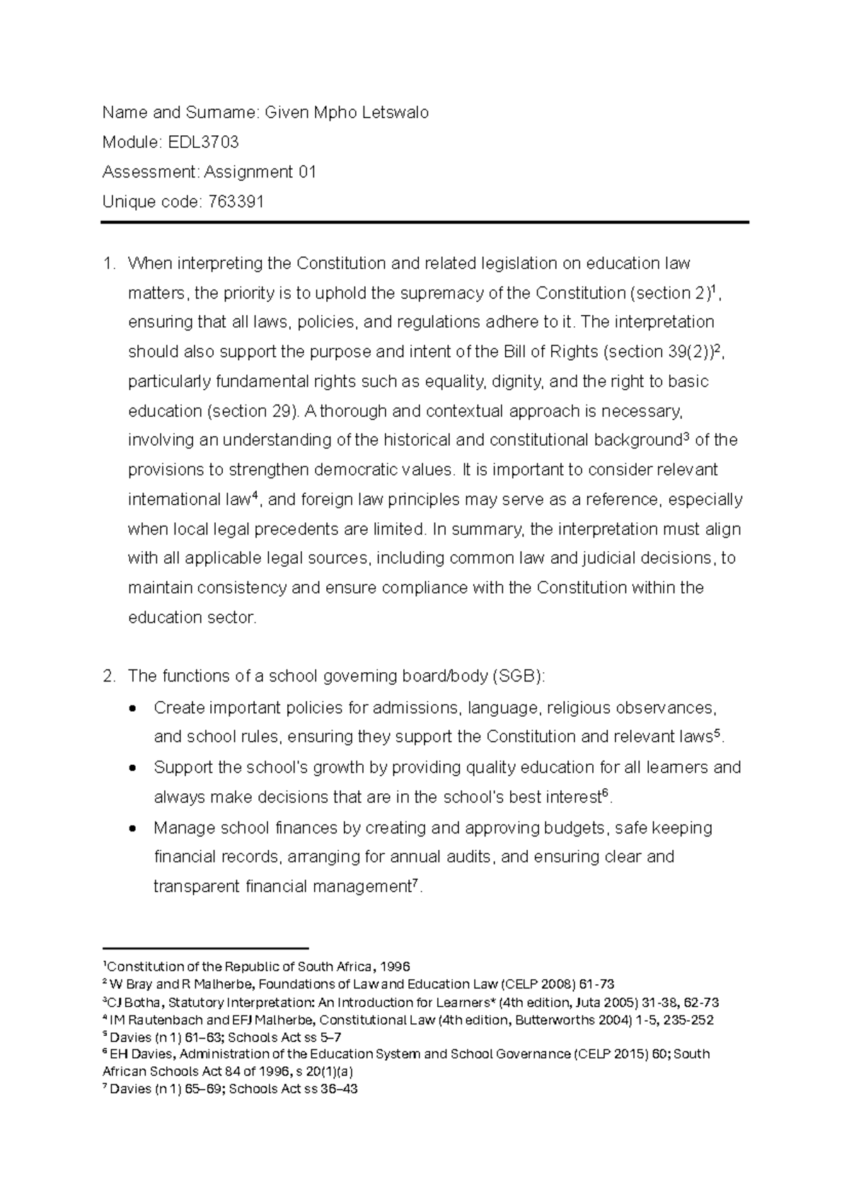 EDL3703 Assignment 01: Constitutional Interpretation in Education Law ...