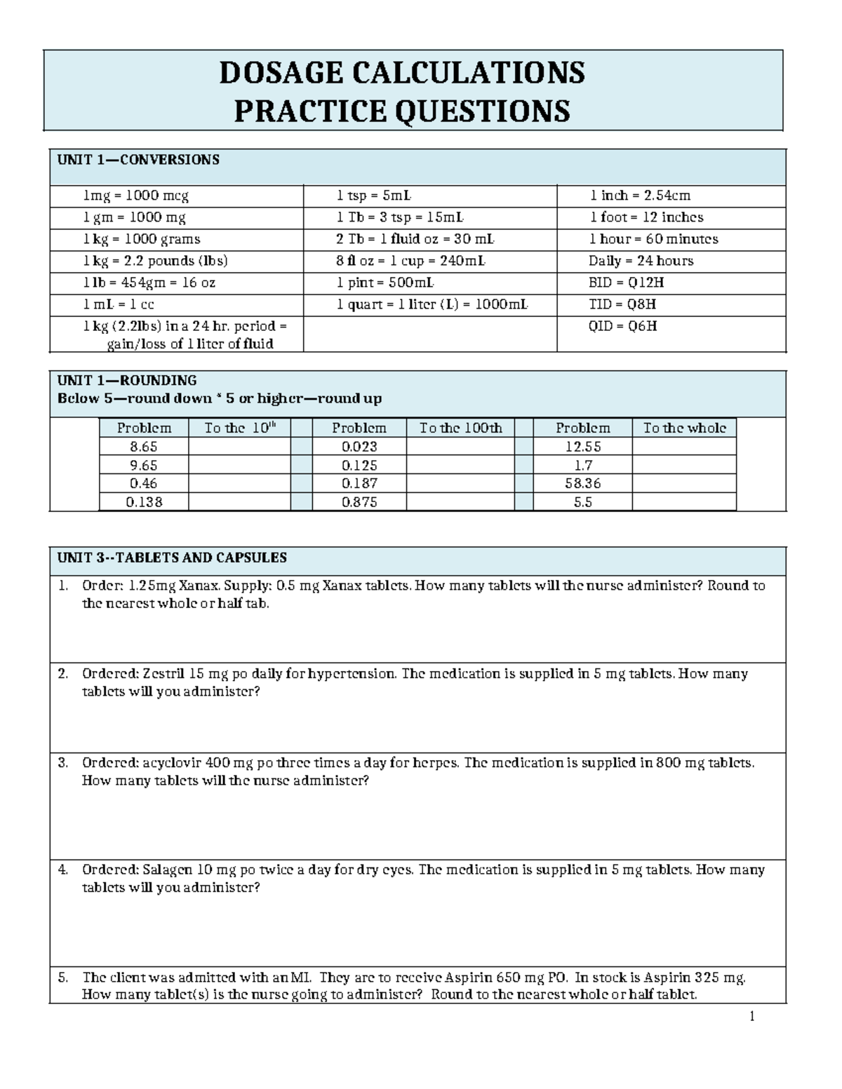 Math Packet-DOSAGE CALCULATION - DOSAGE CALCULATIONS PRACTICE QUESTIONS ...