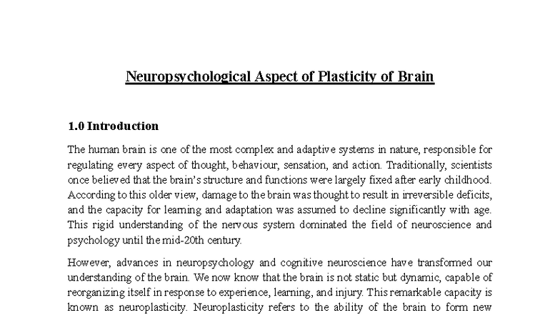 Neuropsychological Aspects of Brain Plasticity: Insights and ...