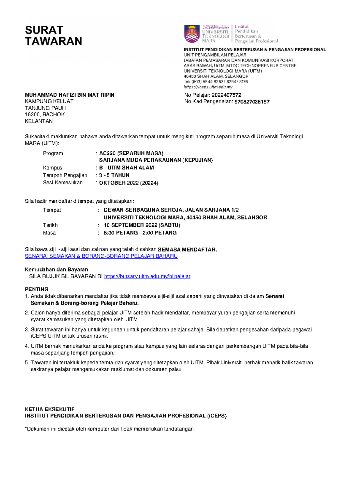 Offer Letter for Part-Time Degree Program AC220 at UiTM - Studocu