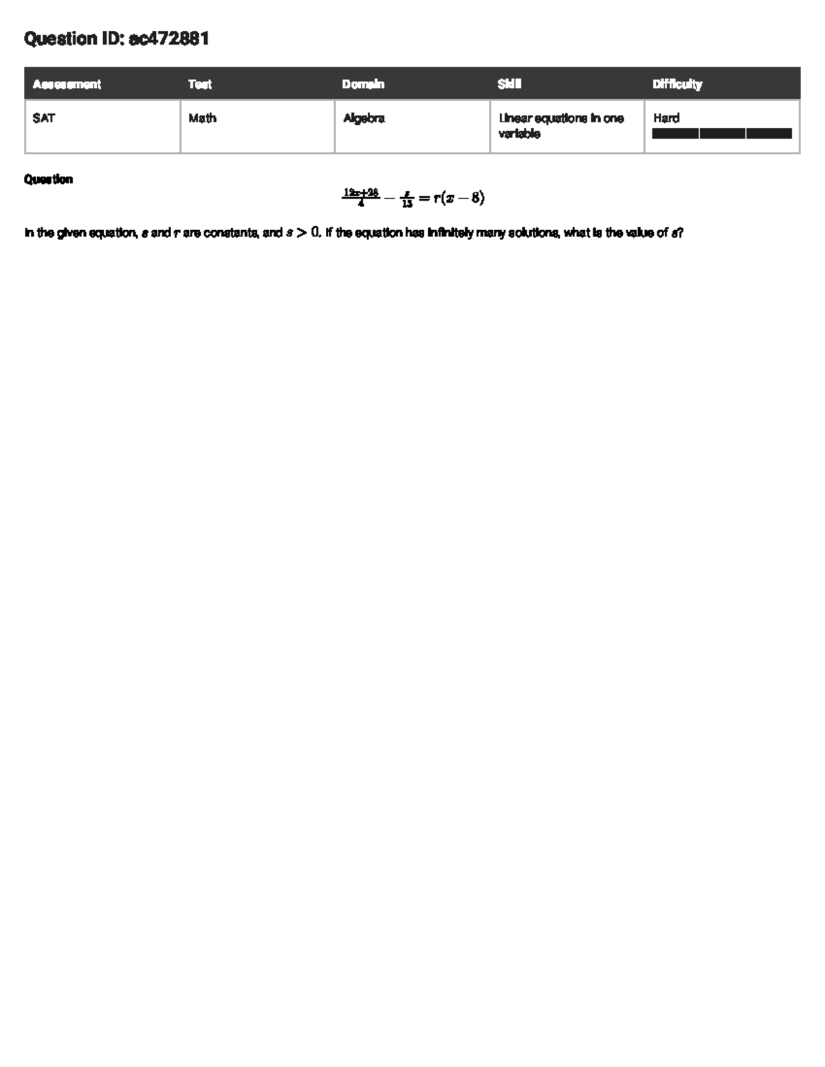 SAT Math Algebra: Linear Equations in One Variable - Assessment Test ...
