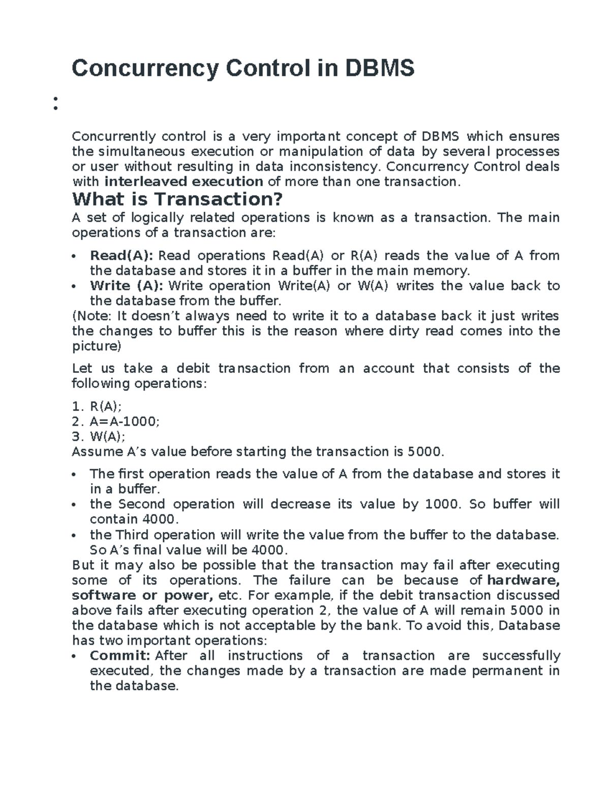 Concurrency Control in DBMS: Unit 4 Overview and Key Concepts - Studocu