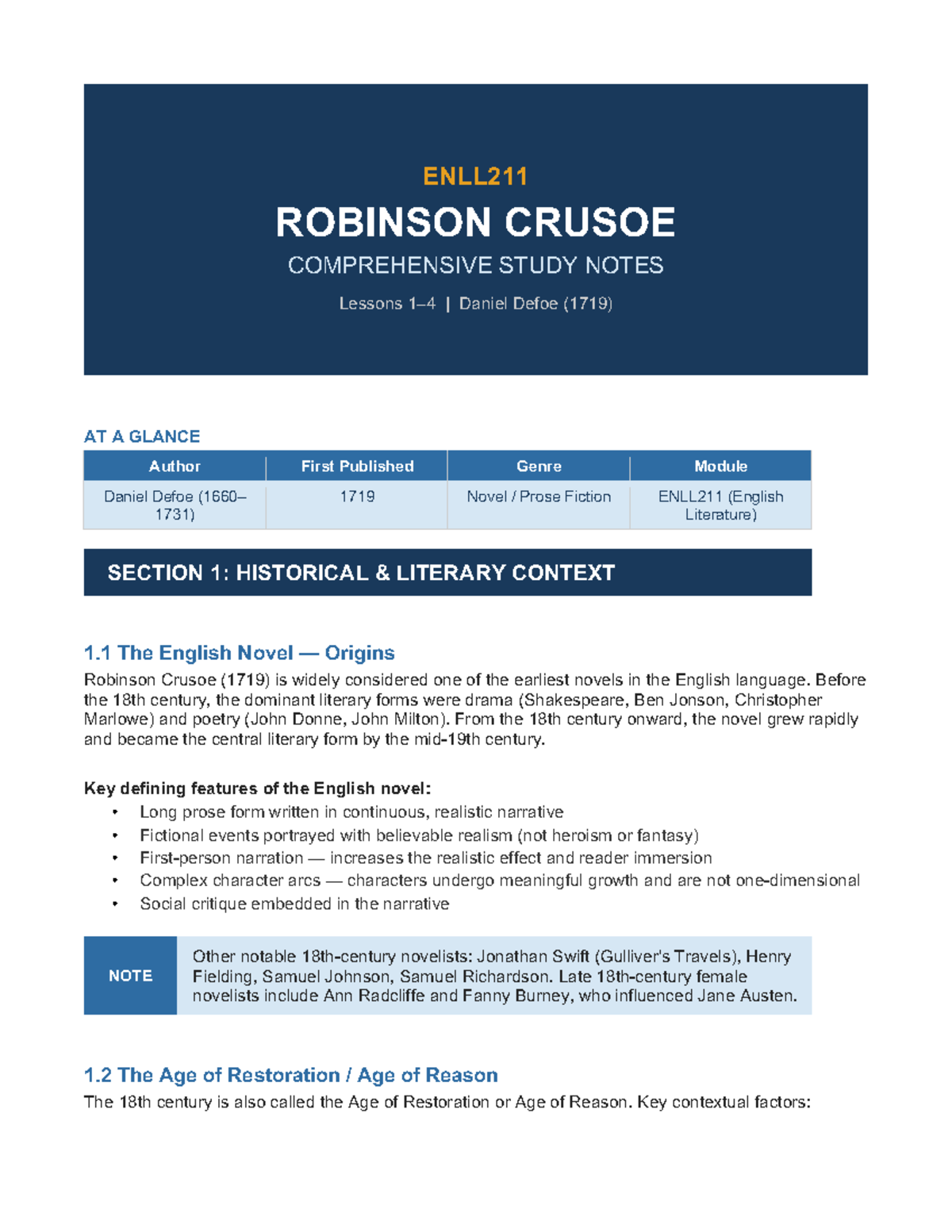 ENLL211 ROBINSON CRUSOE COMPREHENSIVE STUDY NOTES - Studocu