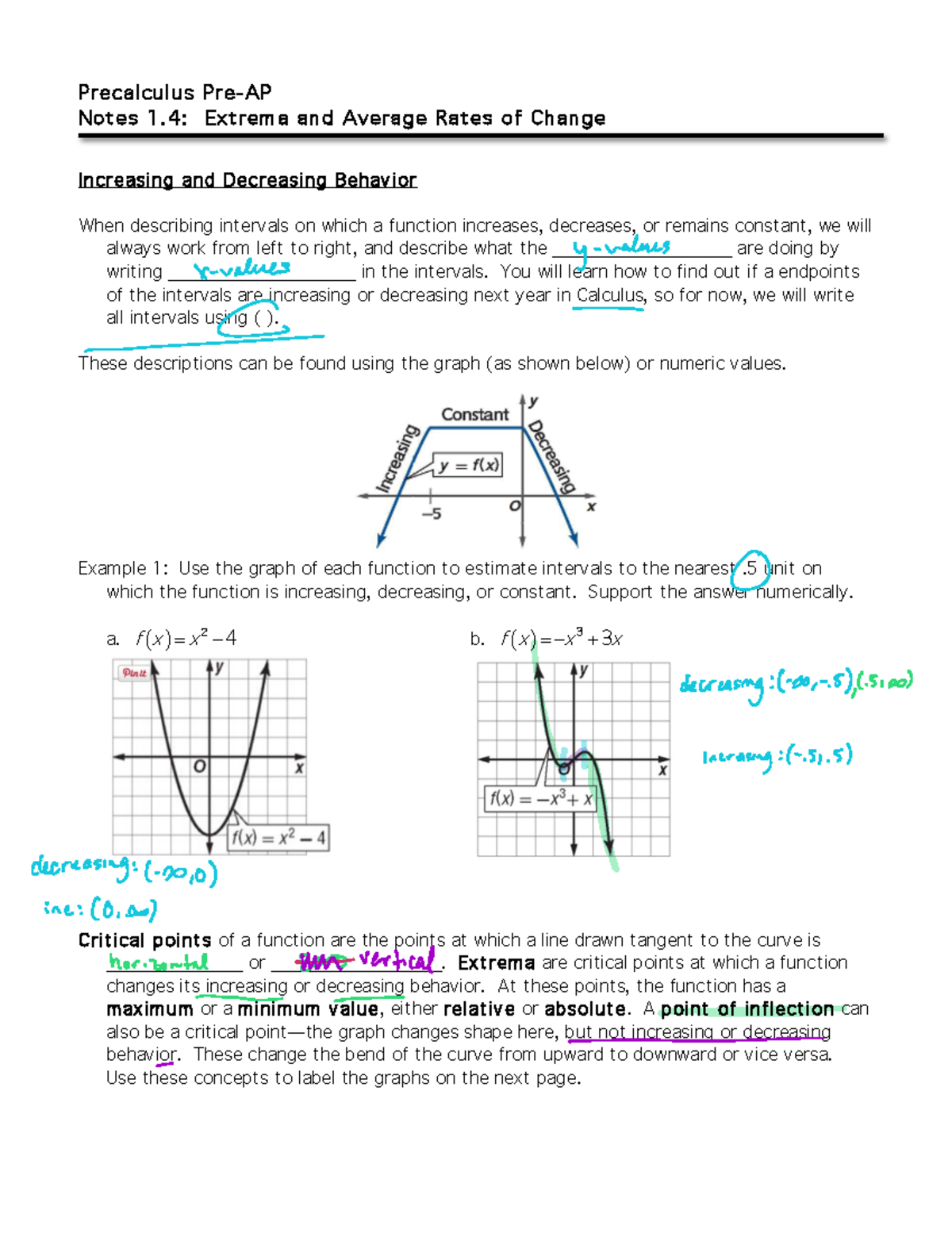 Precalculus Pre-AP: 1.4 Key Notes on Extrema, AROC, and Inflection ...