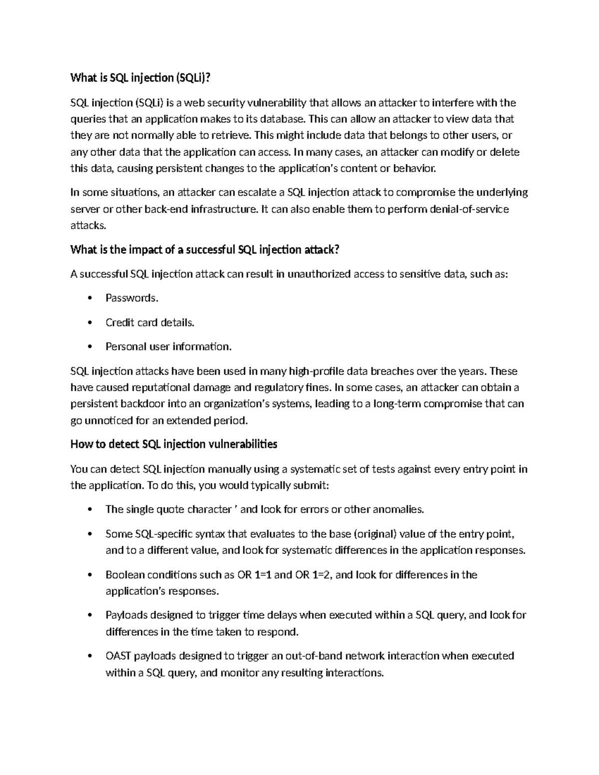 SQL Injection (SQLi) Overview: Vulnerabilities & Detection Techniques - Studocu