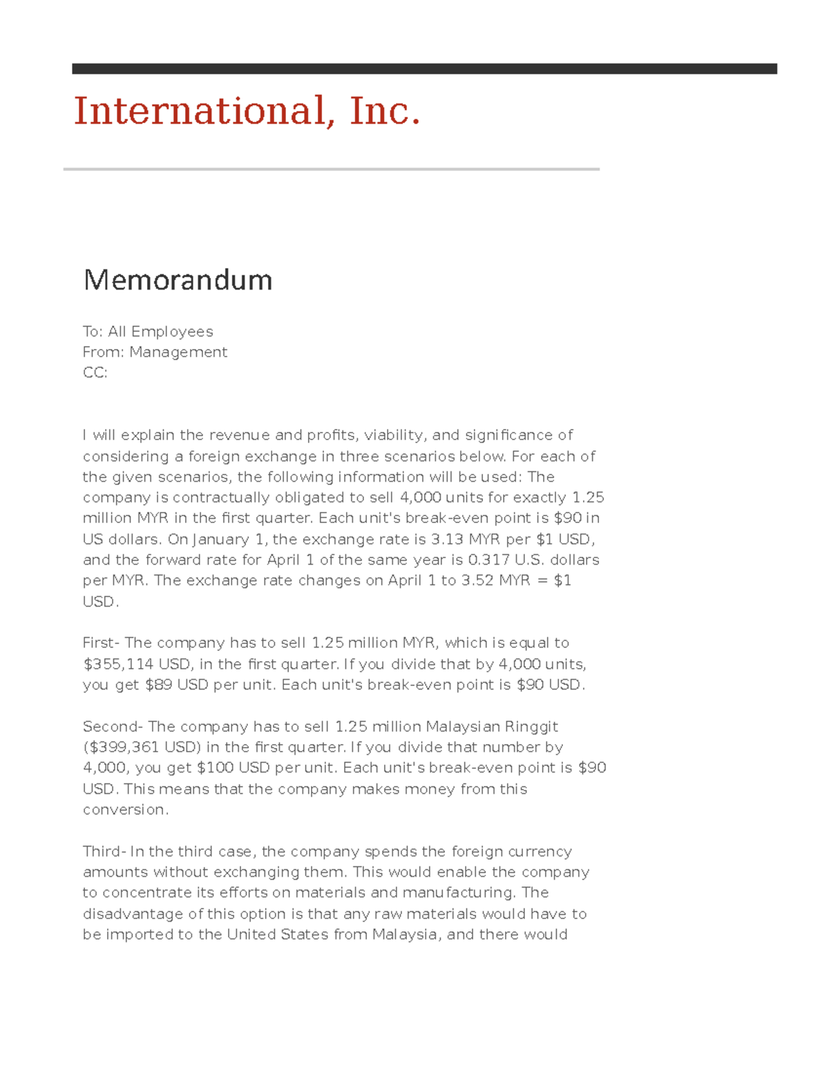 4-2 Assignment Foreign Exchange - International, Inc. Memorandum To ...