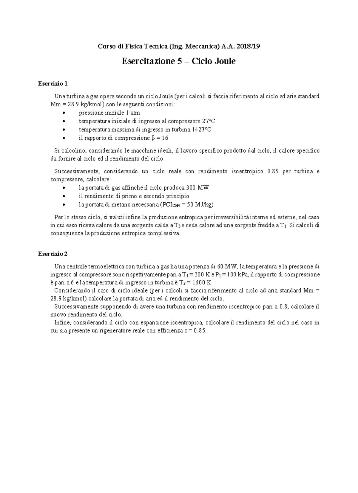 Esercitazione 5 - PL5- joule - Corso di Fisica Tecnica (Ing. Meccanica) A. 2018/ Esercitazione 5 ...