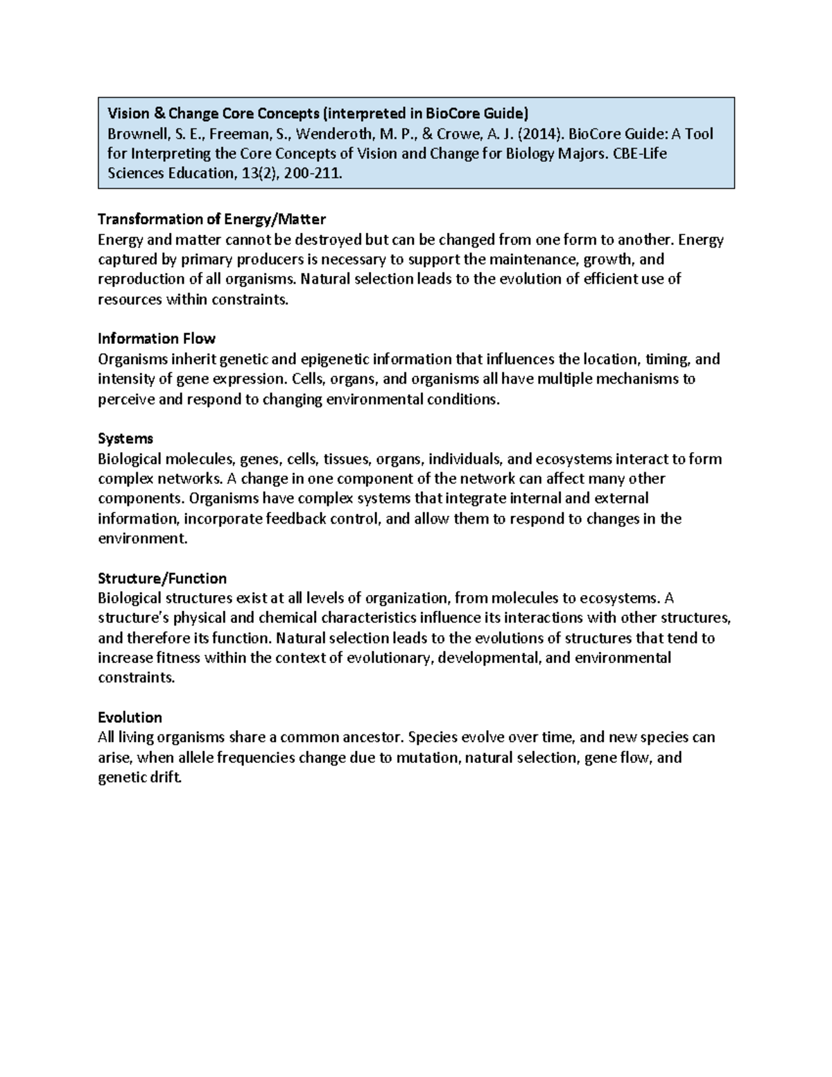 BioCore Guide: Core Concepts of Vision and Change in Biology - Studocu