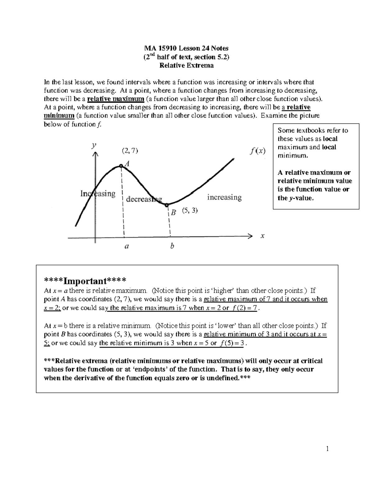 MA 15910 Lesson 24 Notes: Relative Extrema and Critical Values - Studocu