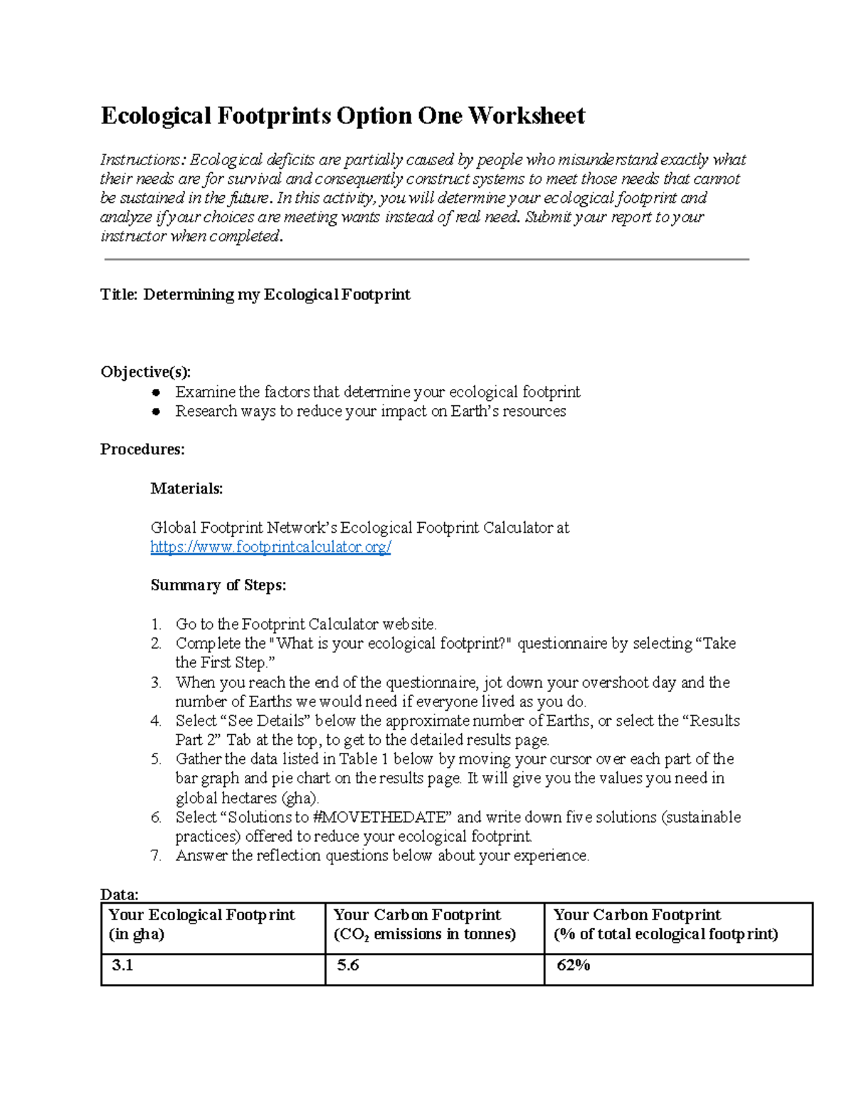 Ecological footprints worksheet option one - Ecological Footprints ...