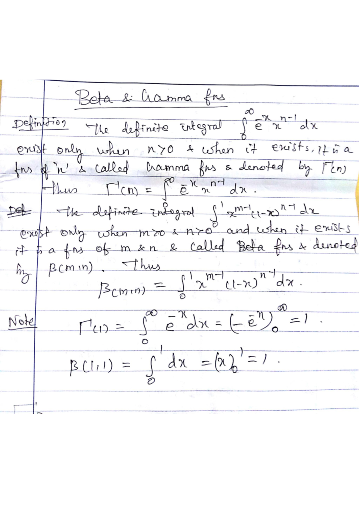 Beta gamma functions - Maths - Beta Gamma fns 00 x Definition The definite integral Se e x dx ...