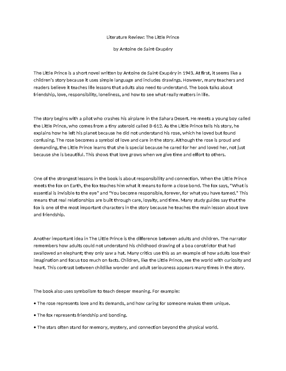 Literature Review: Themes and Symbols in The Little Prince - Studocu