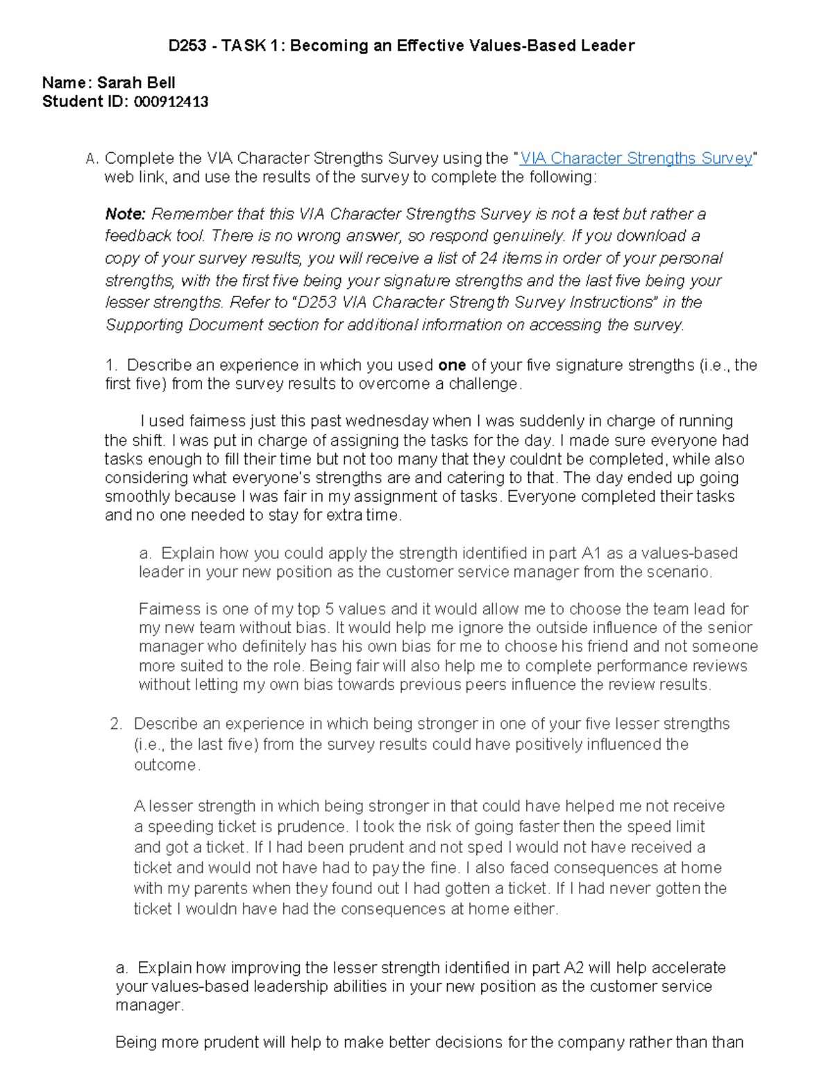 D253 Task 1: Values-Based Leadership and Character Strengths Analysis ...