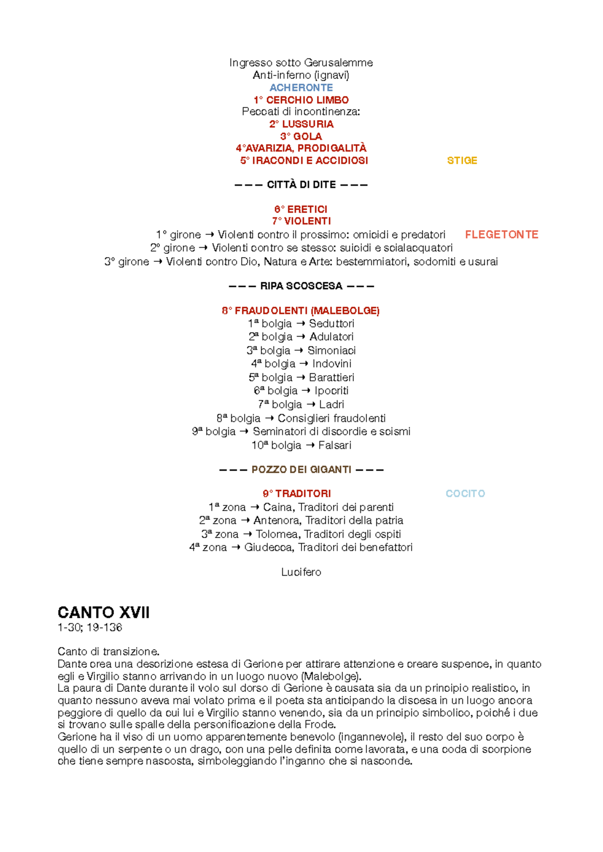 Inferno: Riassunti Canti XVII-XXIV e XXVI-XXXII - Studocu