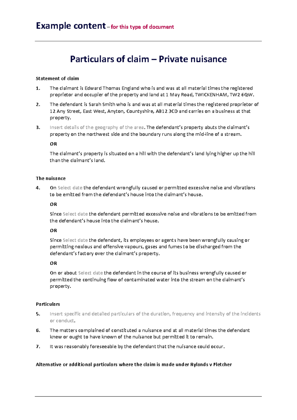 Nuisance Particulars of Claim: Detailed Legal Framework Analysis - Studocu